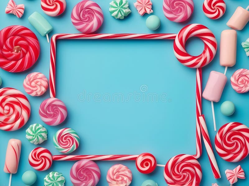 Abstract Pastel Neon Composition with Christmas Candies Frame on Blue ...