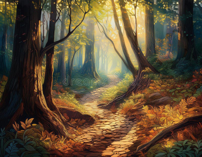 Abstract Path through the Woods Focus on Leaf and Bark Textures in an ...