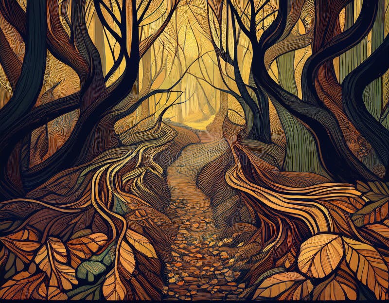 Abstract Path through the Woods Focus on Leaf and Bark Textures in an ...