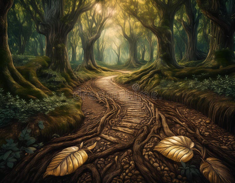 Abstract Path through the Woods Focus on Leaf and Bark Textures in an ...