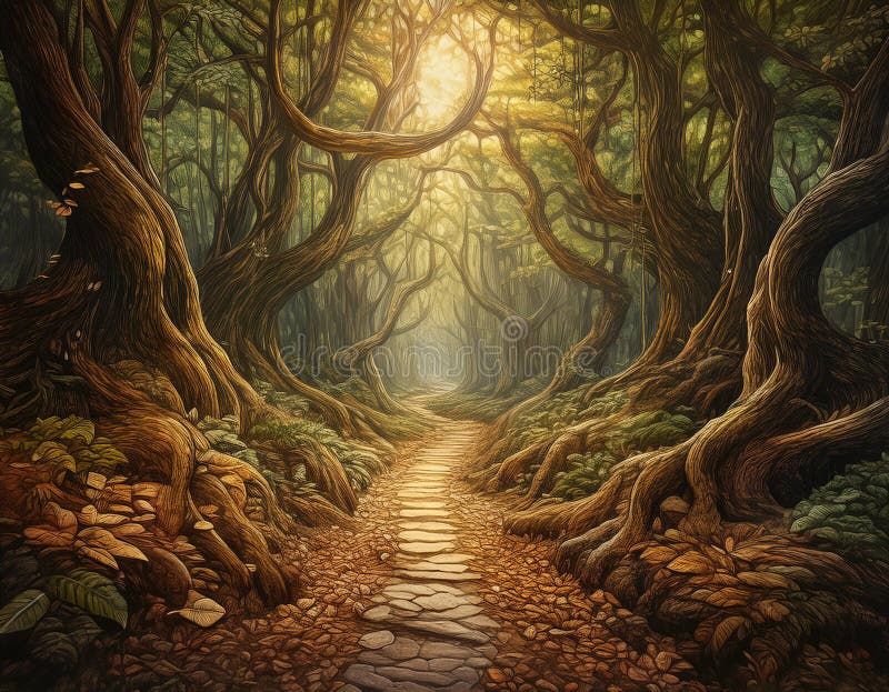 Abstract Path through the Woods Focus on Leaf and Bark Textures in an ...