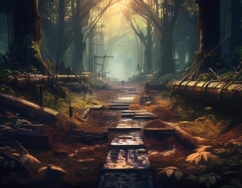 Abstract Path through the Woods Focus on Leaf and Bark Textures in an ...