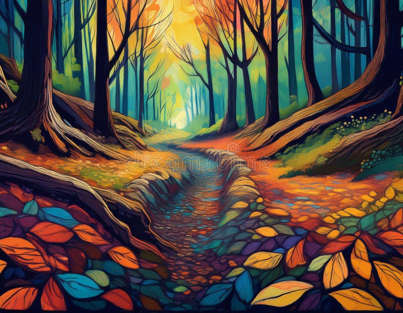 Abstract Path through the Woods Focus on Leaf and Bark Textures in an ...