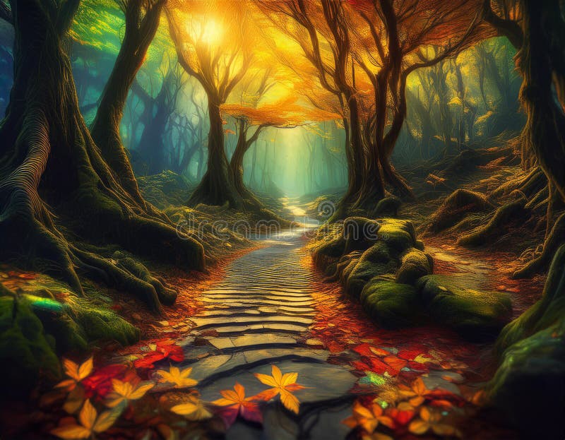 Abstract Path through the Woods Focus on Leaf and Bark Textures in an ...