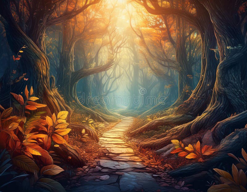 Abstract Path through the Woods Focus on Leaf and Bark Textures in an ...