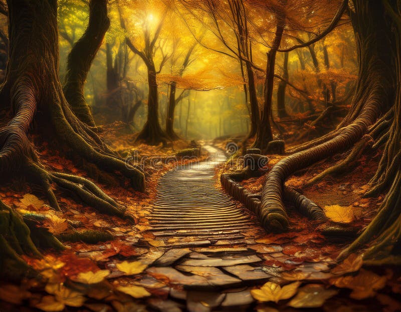 Abstract Path through the Woods Focus on Leaf and Bark Textures in an ...