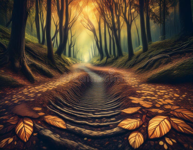 Abstract Path through the Woods Focus on Leaf and Bark Textures in an ...