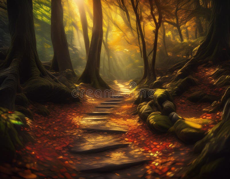 Abstract Path through the Woods Focus on Leaf and Bark Textures in an ...