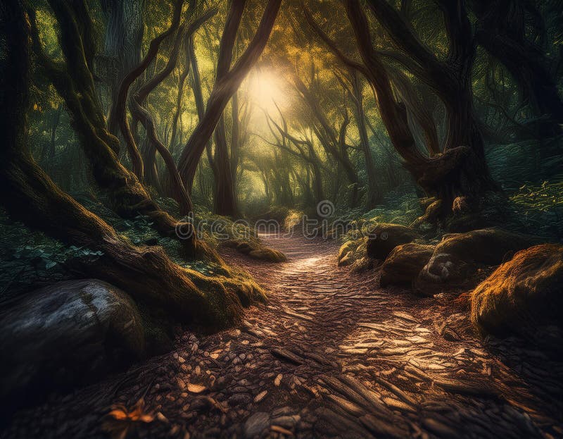 Abstract Path through the Woods Focus on Leaf and Bark Textures in an ...