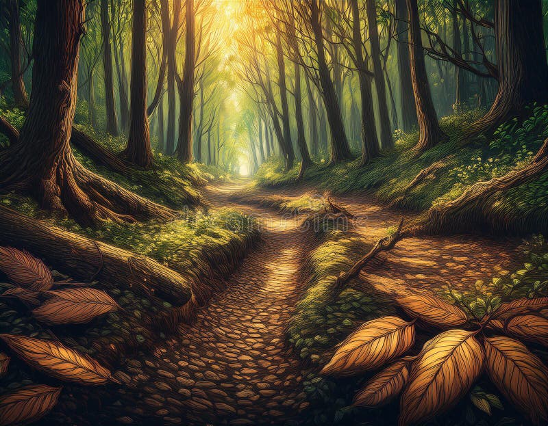 Abstract Path through the Woods Focus on Leaf and Bark Textures in an ...