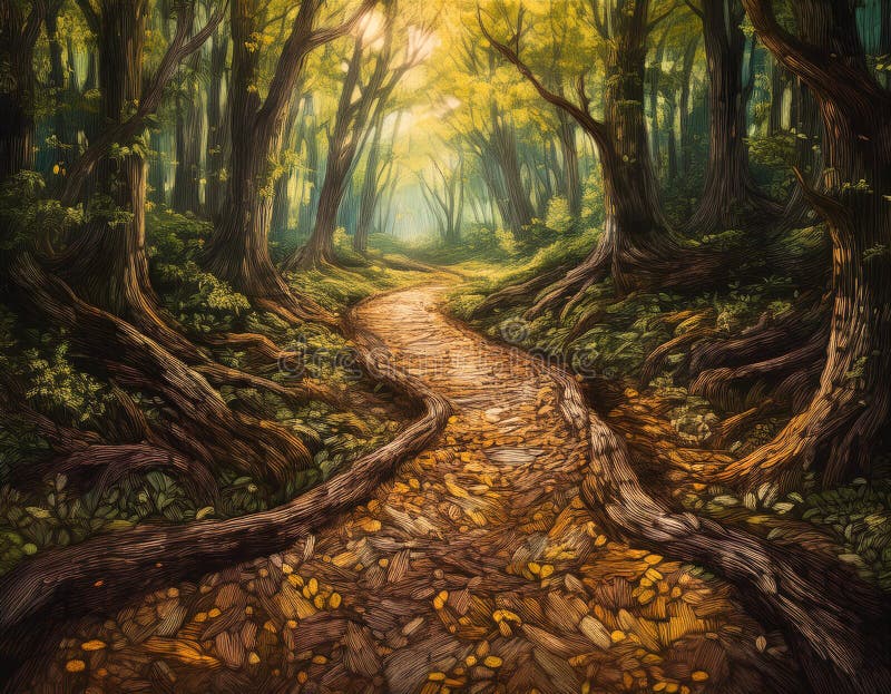 Abstract Path through the Woods Focus on Leaf and Bark Textures in an ...