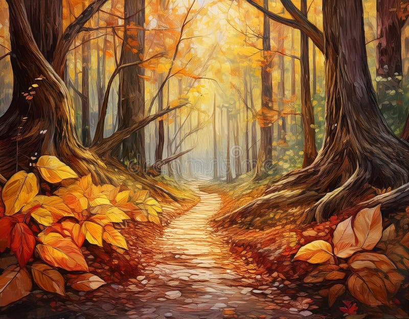 Abstract Path through the Woods Focus on Leaf and Bark Textures in an ...