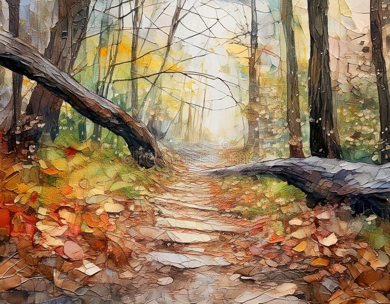 Abstract Path through the Woods Focus on Leaf and Bark Textures in an ...