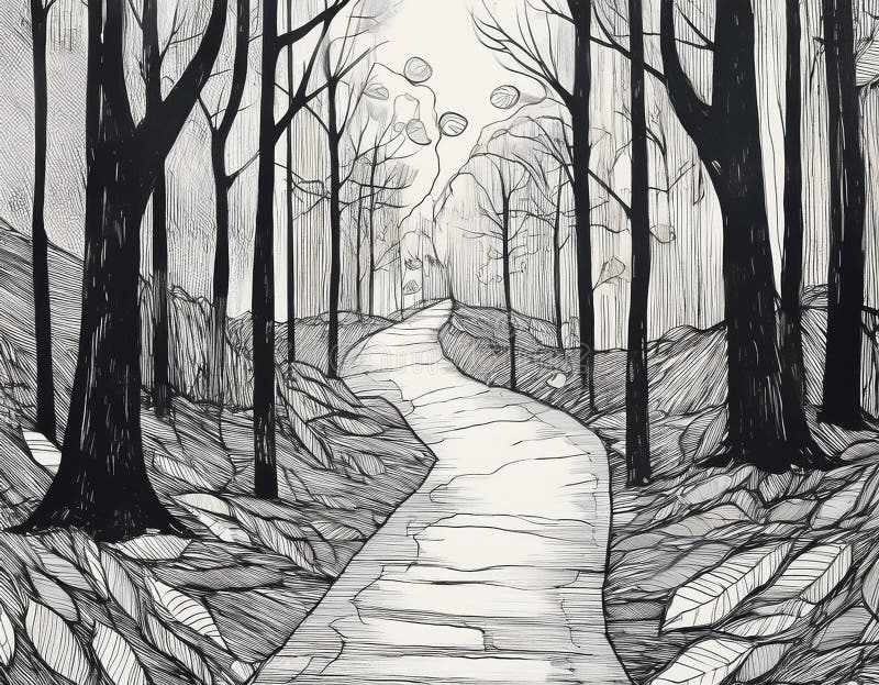 Abstract Path through the Woods Focus on Leaf and Bark Textures in an ...