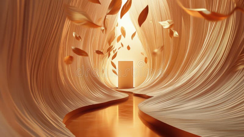 Abstract Pathway with Flowing Drapes and Floating Leaves in Warm Tones ...