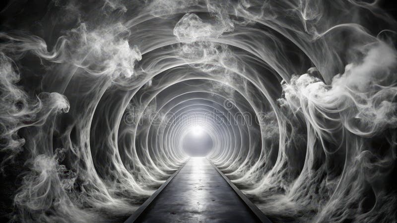 Abstract Pathway through a Smoky Circular Tunnel with a Bright Light at ...