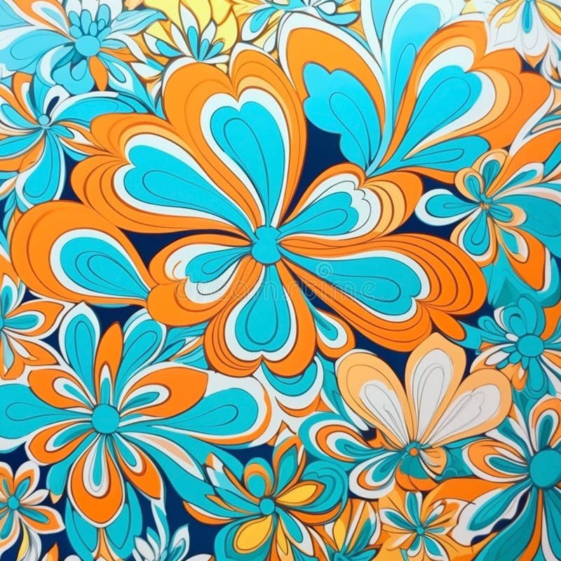 Abstract Pattern of Blue, Orange and White Flowers, Drawing, Tile Stock ...