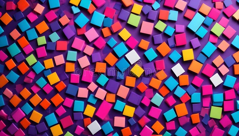 Abstract Pattern of Colorful Squares Scattered Across a Purple ...