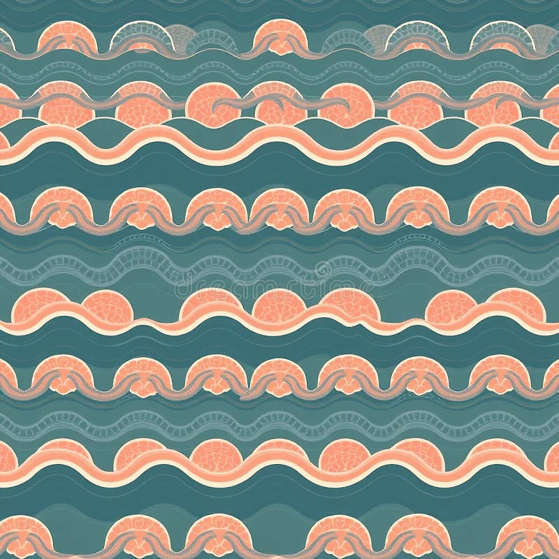 Abstract Pattern Featuring Wavy, Repeated Designs in Teal and Peach ...