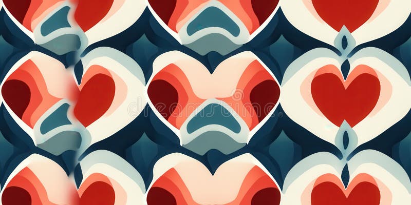 Abstract Pattern of Interlocking Hearts and Shapes in Red, Blue, and ...