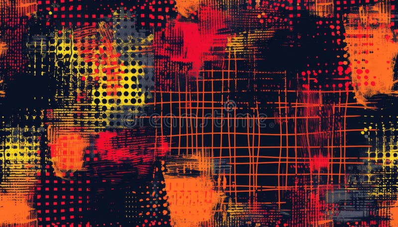 Abstract Pattern with Red, Yellow, Orange Grid and Dots on Dark ...