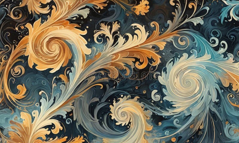 Abstract Pattern Swirling, Curving Lines in Shades Blue, Orange, and ...