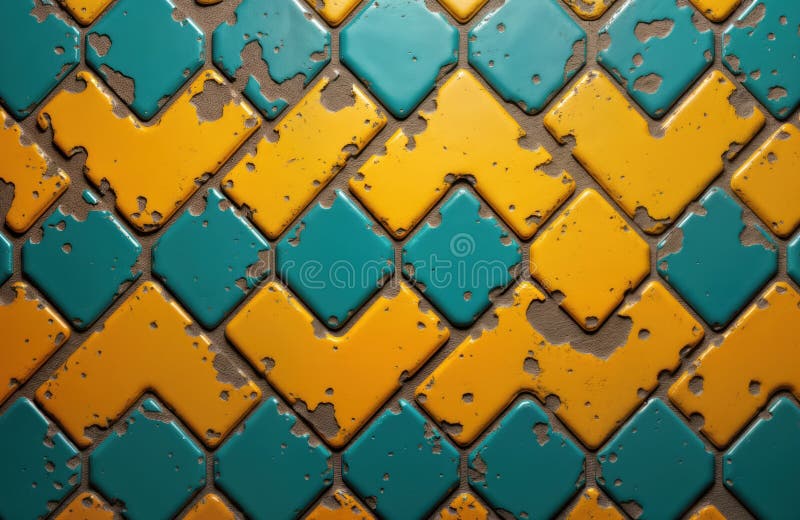Abstract Pattern of Teal, Mustard Yellow Diamond-shaped Tiles with ...