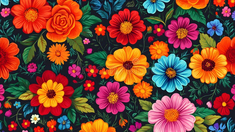 Abstract Pattern with Vibrant Mexican Floral Motifs Stock Illustration ...
