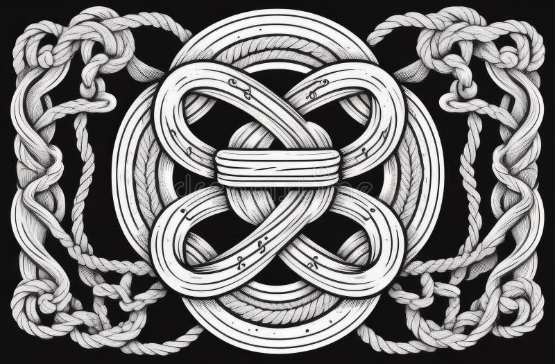 Abstract Pattern of White Rope Tangled Knots on Black Backdrop, Complex ...
