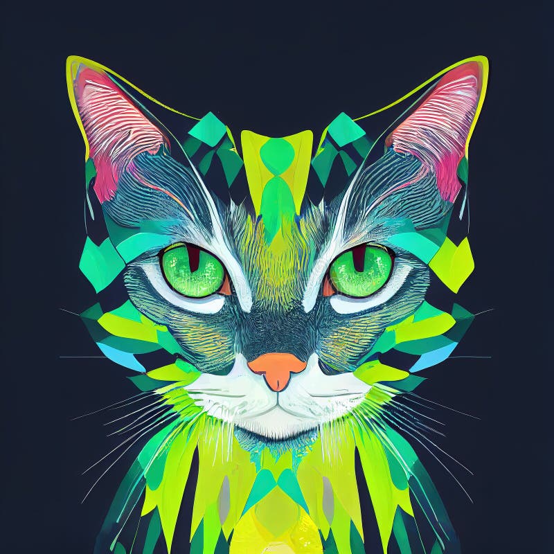 Abstract Patterned Colorful Cat Portrait. Bright Cat Print. Front View ...