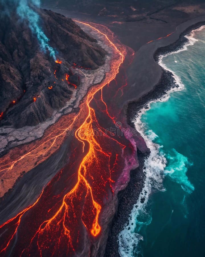 Abstract Patterns of Flowing Lava Merging with Ocean Waves, Top View of ...