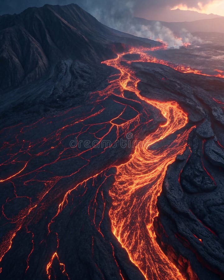 Abstract Patterns of Flowing Lava with Molten River from Erupting ...