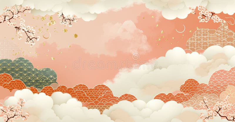 Abstract Peach and Pink Cloud Pattern with Japanese Gold Elements ...