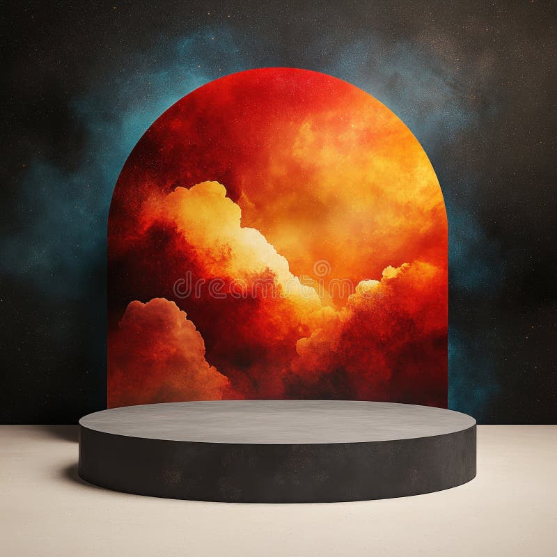 Abstract Pedestal Stage with Fiery Cloud Arch Background. Stock ...