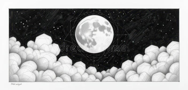 Geometric Lunar Abstraction Stylized Pencil Drawing of the Moon and ...