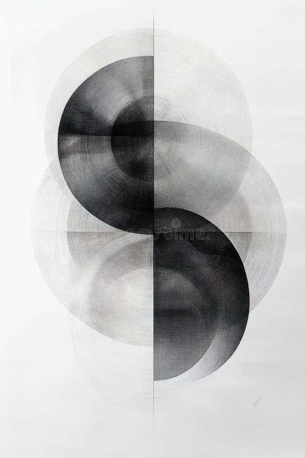 Abstract Pencil Drawing on White Paper. Wavy Lines and Circles in ...