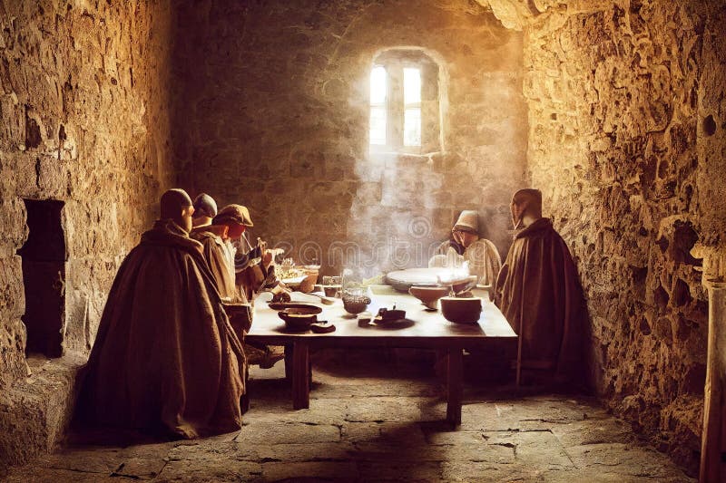 Abstract People Having Dinner in Ancient Stone Room Digital ...