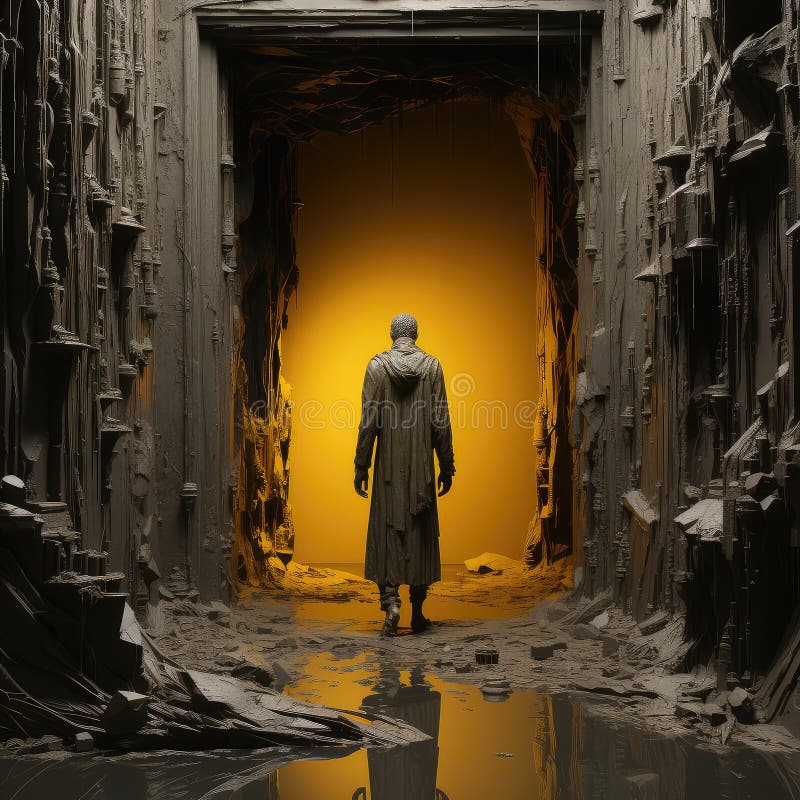Abstract Person in Front of a Yellow Rectangular Mystical Portal To the ...
