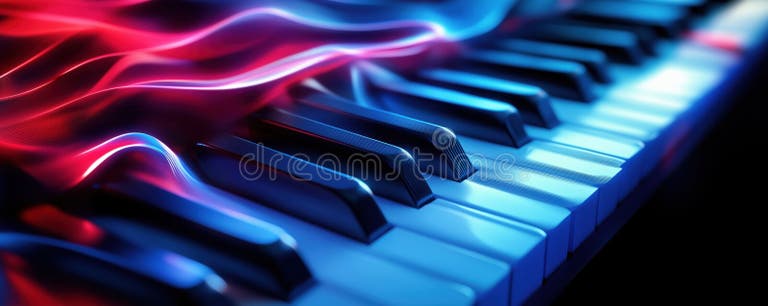 Abstract Piano Keys with Vibrant Blue and Red Light Waves Creating ...