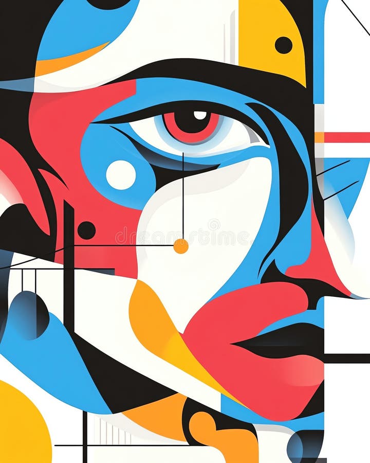 Abstract Picasso-style Character with Sharp Angles, Deep Blue and Red ...