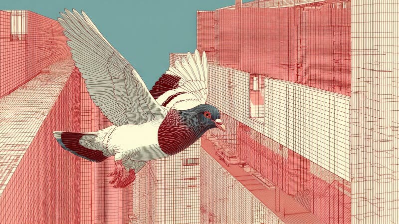Abstract Pigeon Flying among Modern Urban Architecture with Wireframe ...