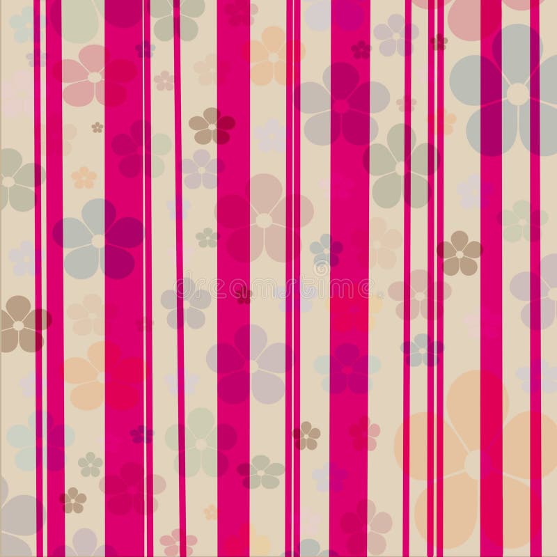 Abstract Pink Band Lines On Beige Seamless Background With Floral Prints Stock Illustration