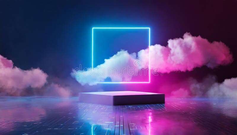 Abstract Pink Blue Neon Square Frame and Glowing Cloud. Holographic ...