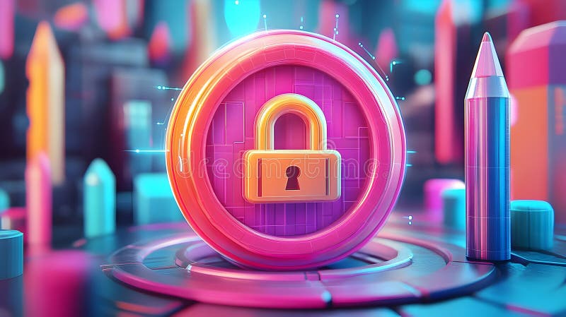 Abstract Pink Padlock Symbol with Grid Pattern and Golden Lock in ...