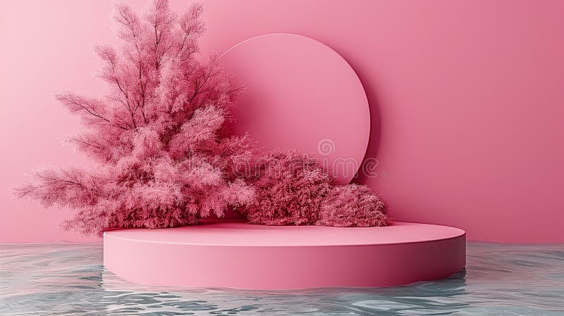 Abstract Pink Scene with Tree and Water Reflection Stock Illustration ...