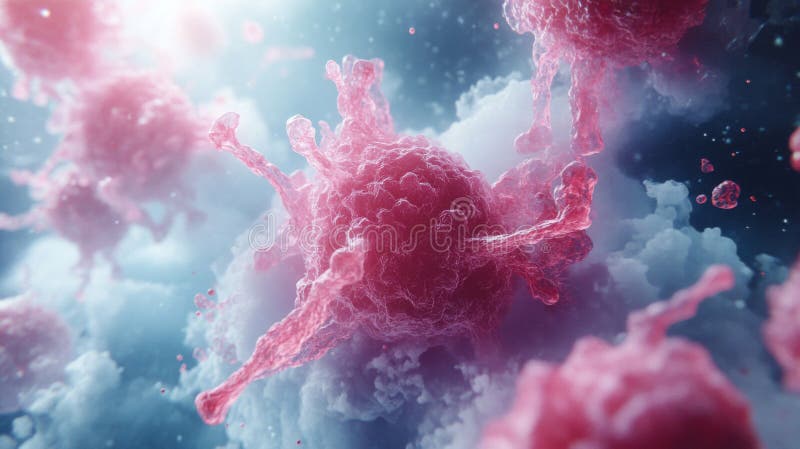 Abstract Pink Viruses Floating in Cloudy Blue Background Microscopic ...