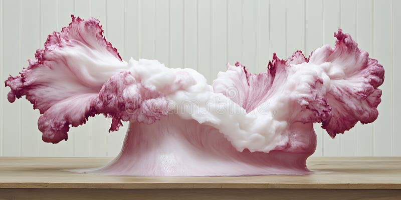 Abstract Pink and White Foam Wave Art Sculpture on Wood Table Stock ...