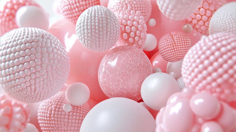 Pink White 3D Spheres with Various Textures. Abstract Background for ...
