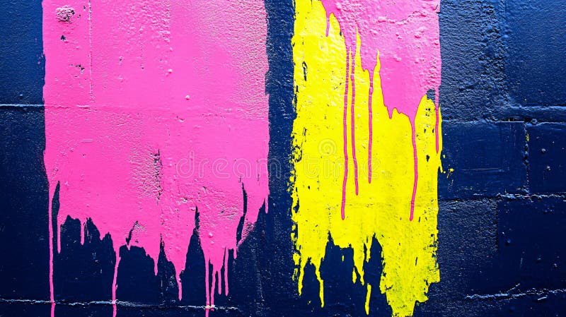 Abstract Pink Yellow Paint Drips on Dark Blue Wall High Quality Image ...