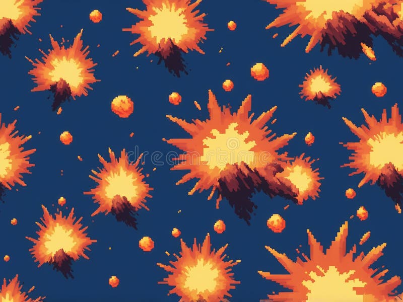 Abstract Pixel Art Fireball Explosion on Blue Background Illustration ...